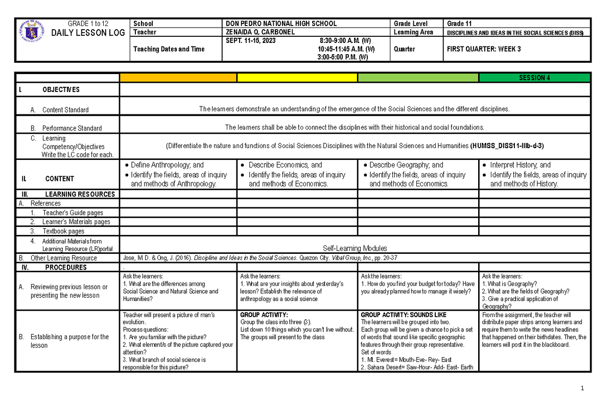 DISS 11 - Week 3 Daily Lesson Log: Social Sciences Overview - Studocu