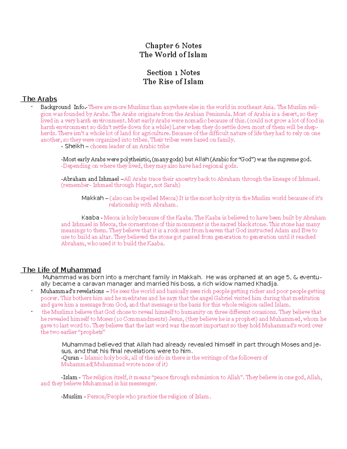 Chapter 6 notes 2011 - Islam - Chapter 6 Notes The World of Islam ...