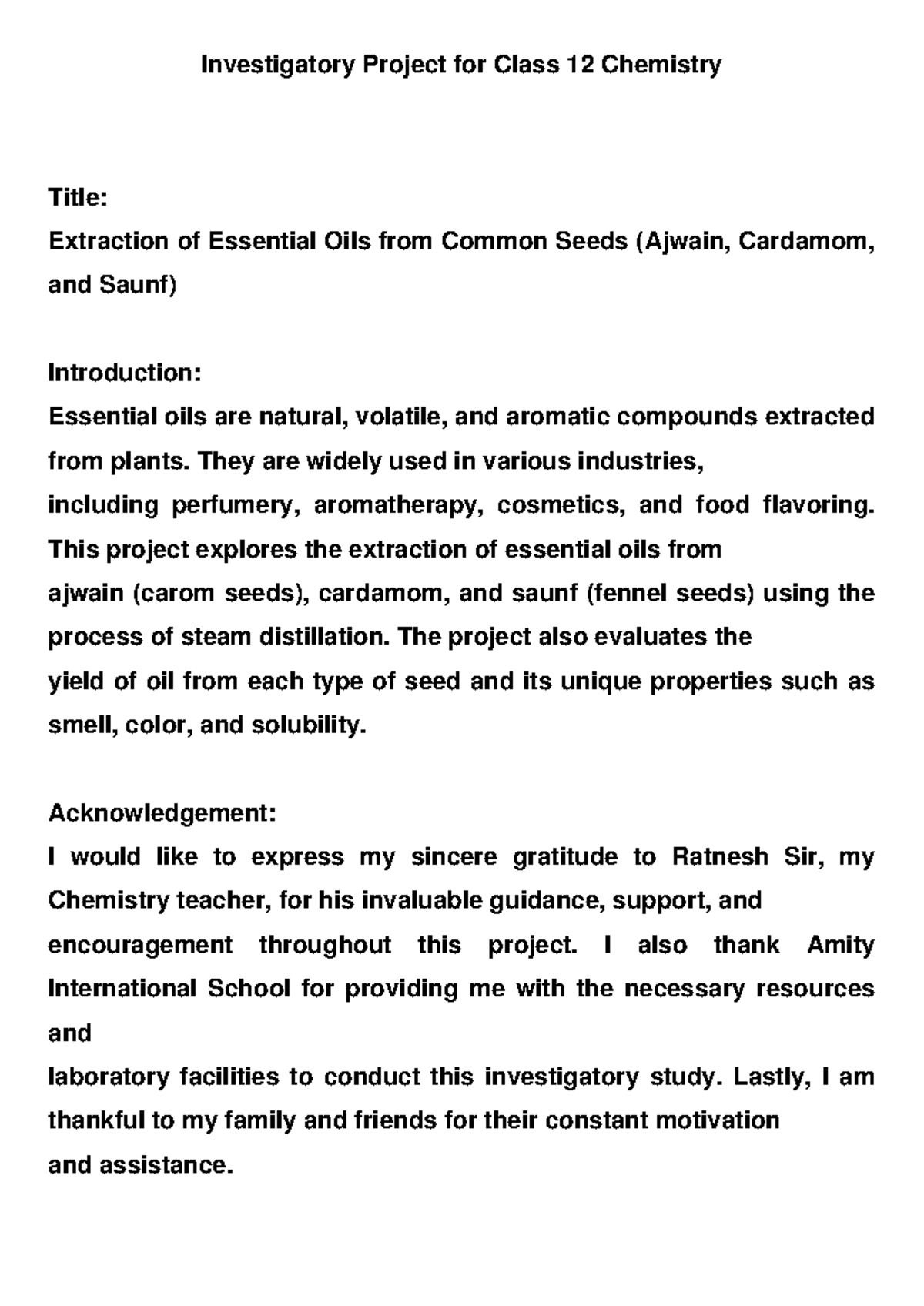 Class 12 Chemistry Project: Extraction & Analysis of Essential Oils ...