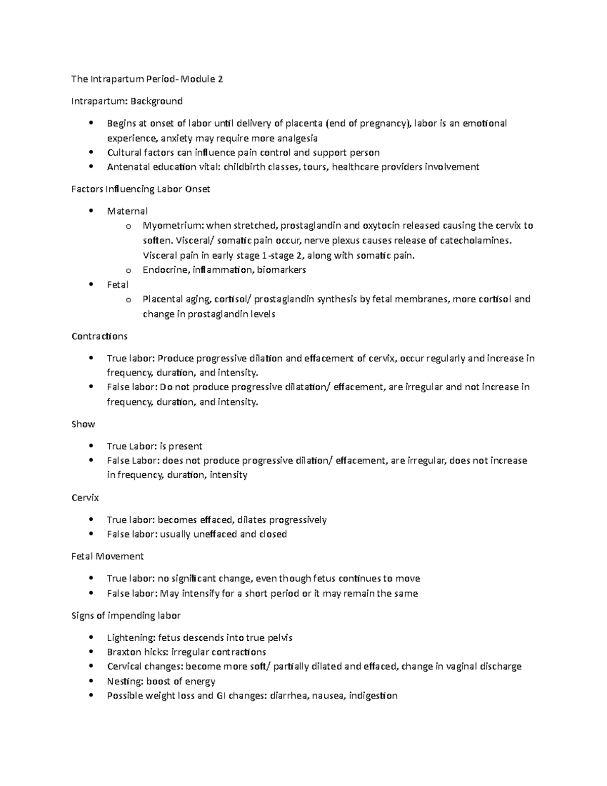 MH Exam 2 - Intrapartum Period and Labor Dynamics Overview - Studocu
