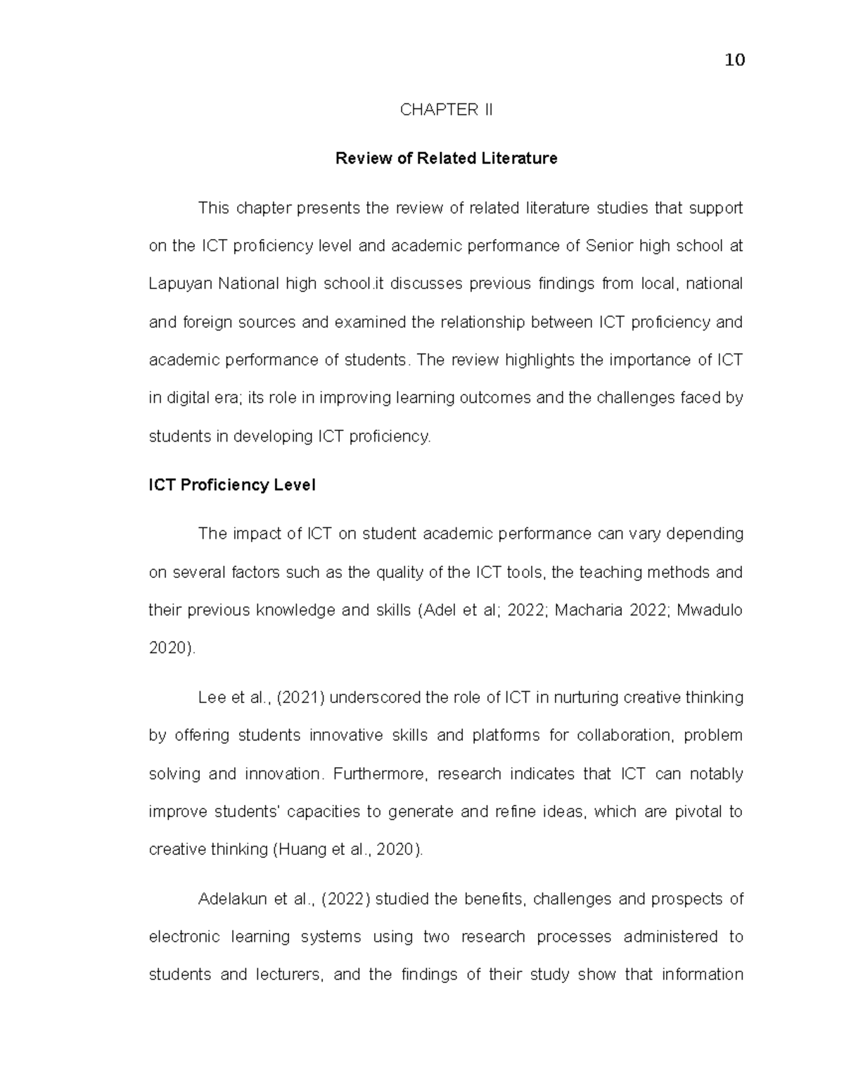CHAPTER II: Review of Literature on ICT Proficiency & Academic ...