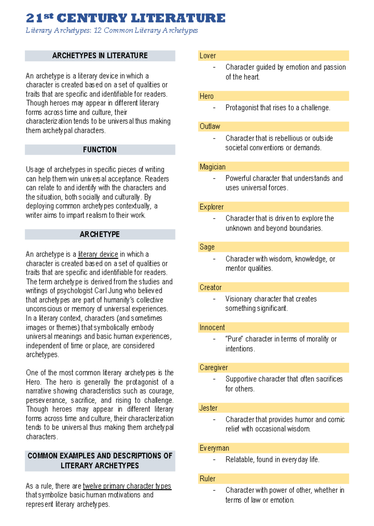 Literary Archetypes: Key Themes in 21st Century Literature - Studocu