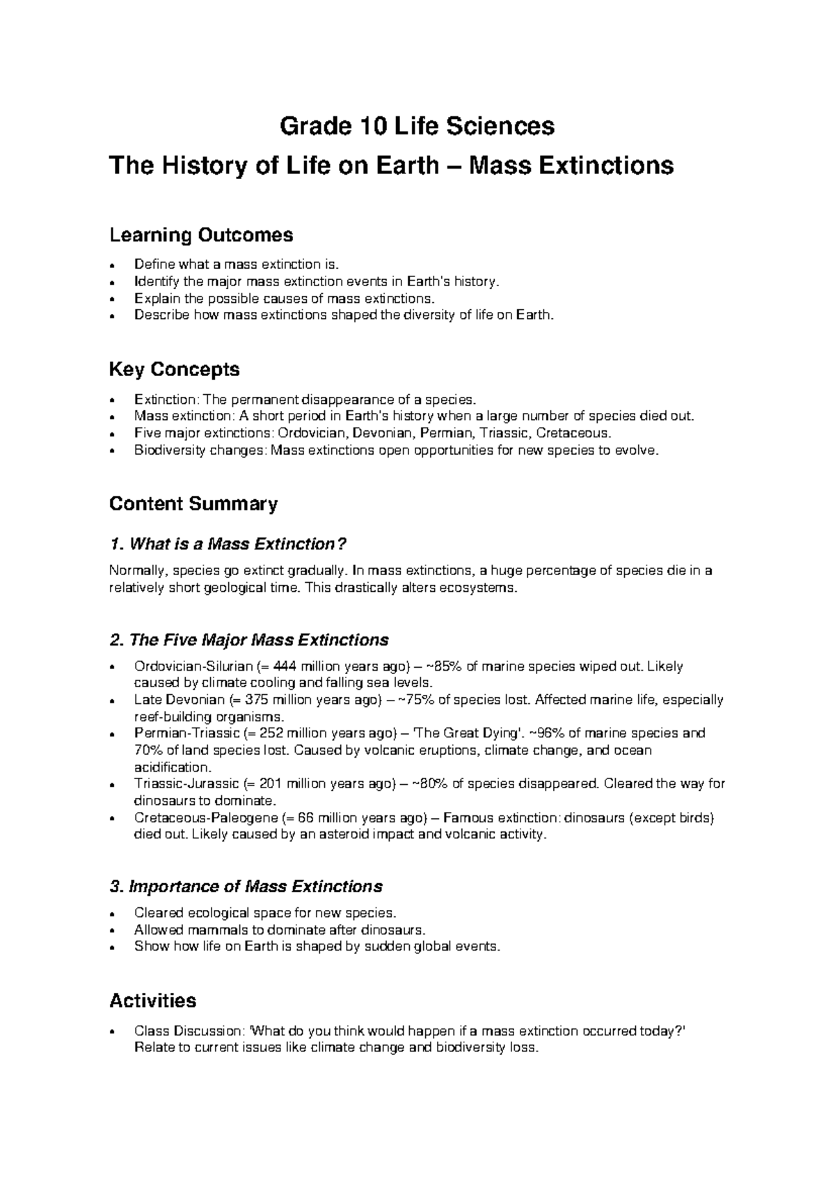 Grade 10 Life Sciences: Understanding Mass Extinctions and Their Impact ...