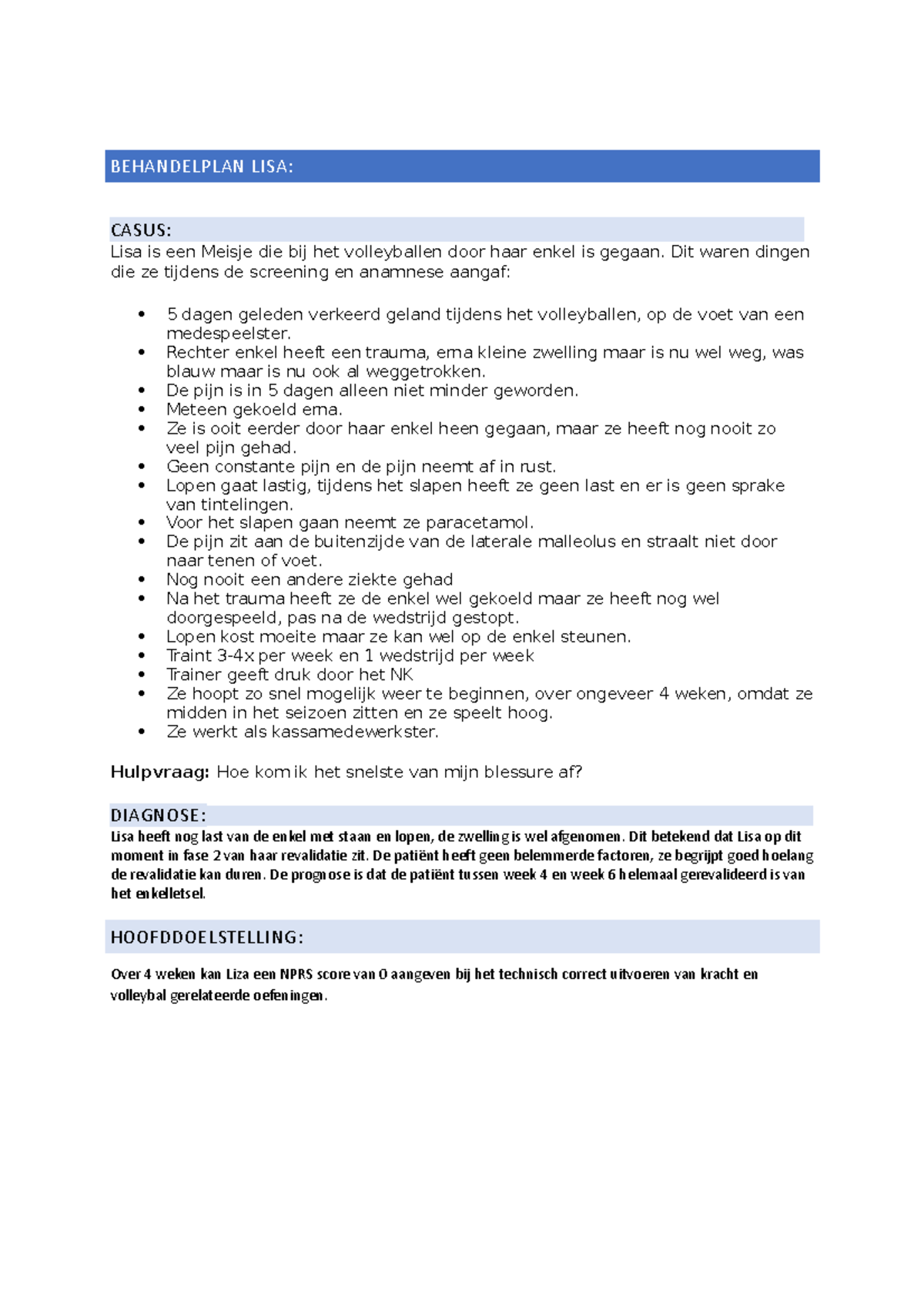 Behandelplan Enkelblessure Lisa - Fysiotherapie Casus Analyse - Studeersnel