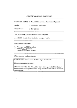 Calculus and Basic Linear Algebra I - MA1200 - CityU - Studocu