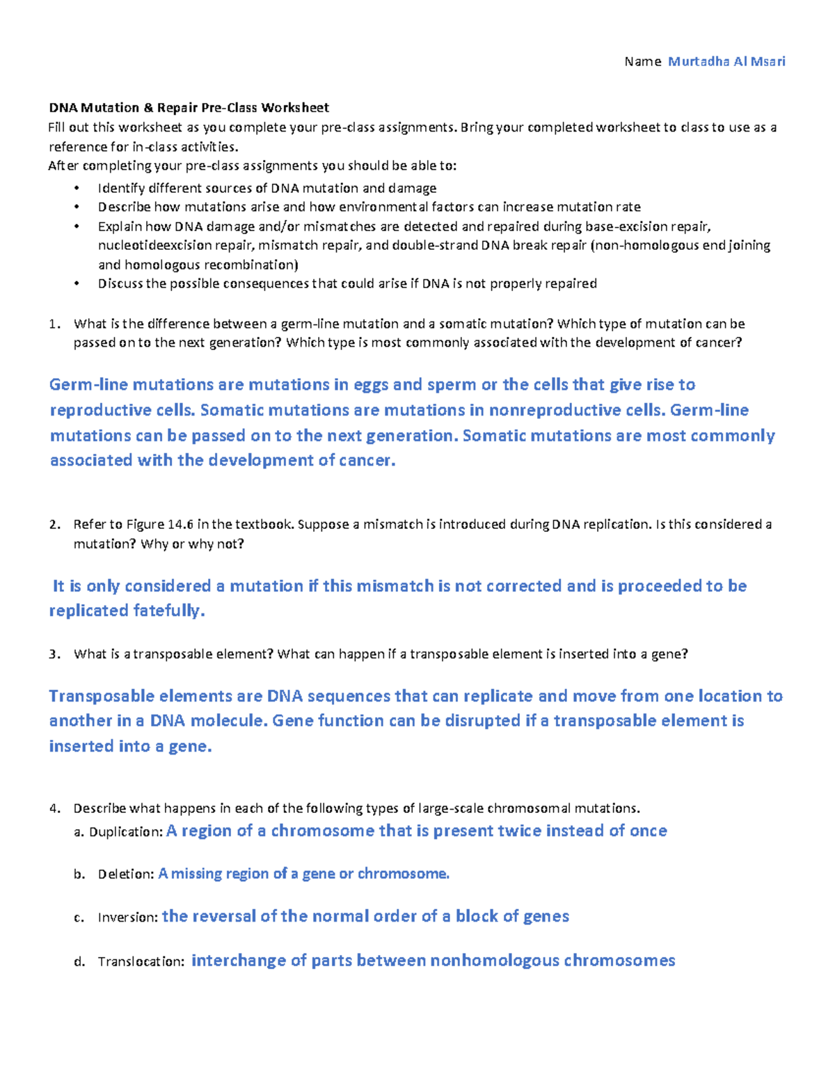 Life Science 7A - Week 10a DNA Mutation and Repair Reading Guide - Name ...
