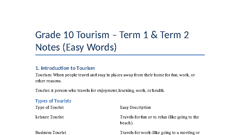 Grade 10 Tourism Notes: Term 1 & 2 Overview (Final) - Studocu