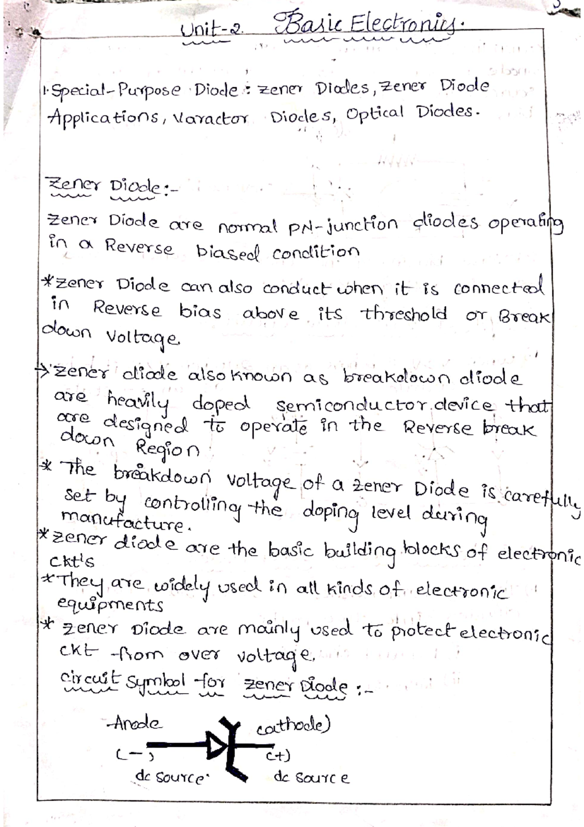 BE Unit-2 - Unit-2 - Unit 2. Basic Electronics. 1. Purpose Diode : zener Diodes, zener Diode ...