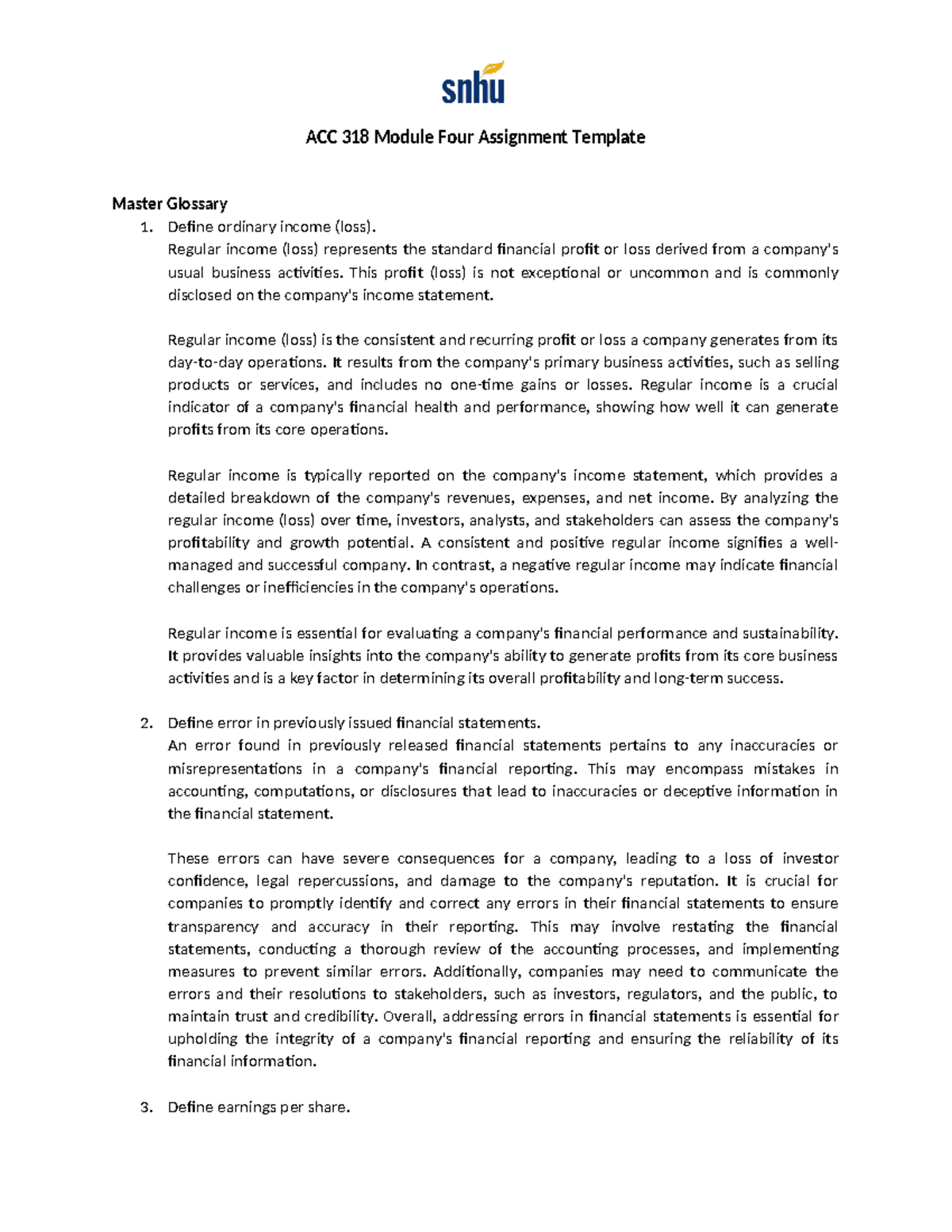 ACC 318 Module 4 Assignment: Key Financial Concepts & Definitions - Studocu