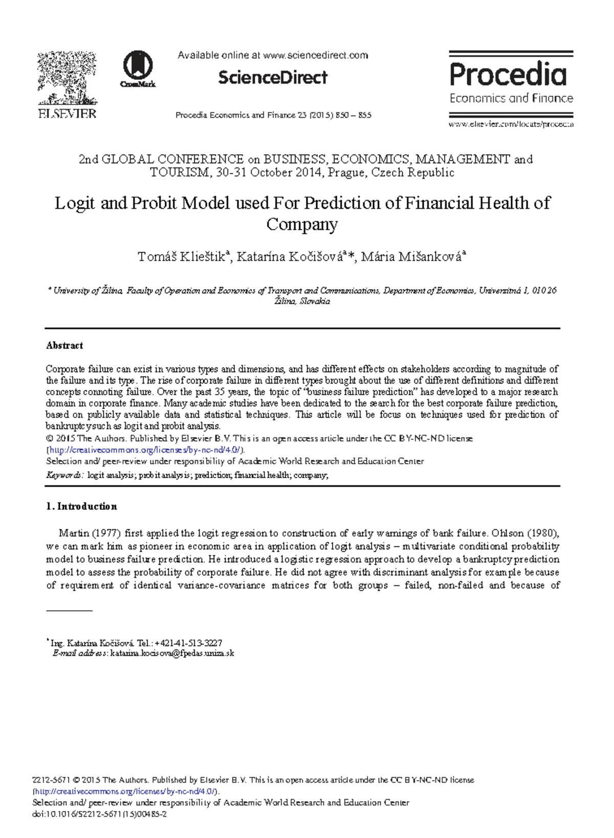 Logit and Probit Models for Financial Health Prediction (ECO 2014 ...