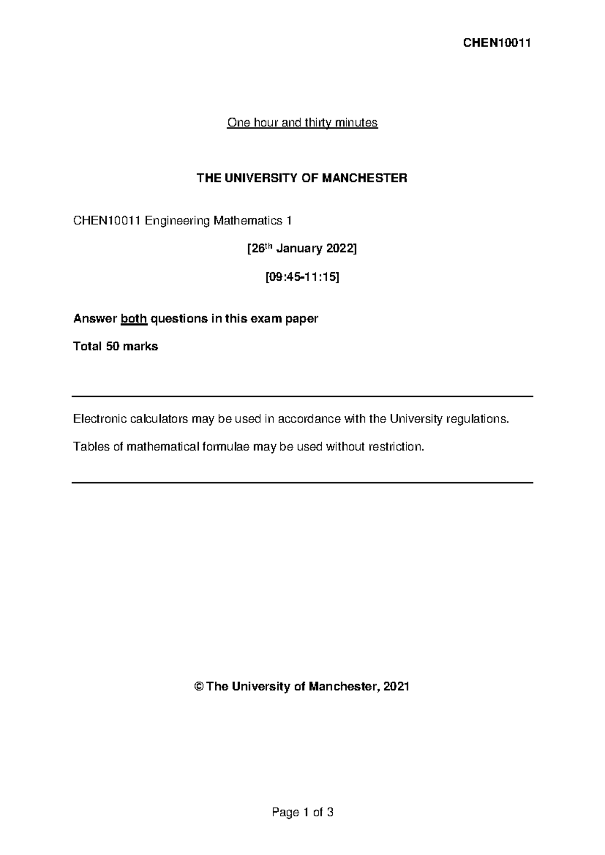 CHEN10011 Final Exam: Engineering Mathematics 1 January 2021 - Studocu