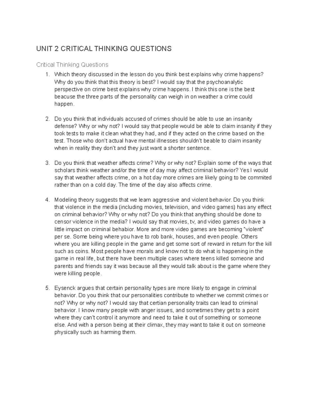 C-UNIT 2 Critical Thinking Questions on Crime Theories and Behavior ...