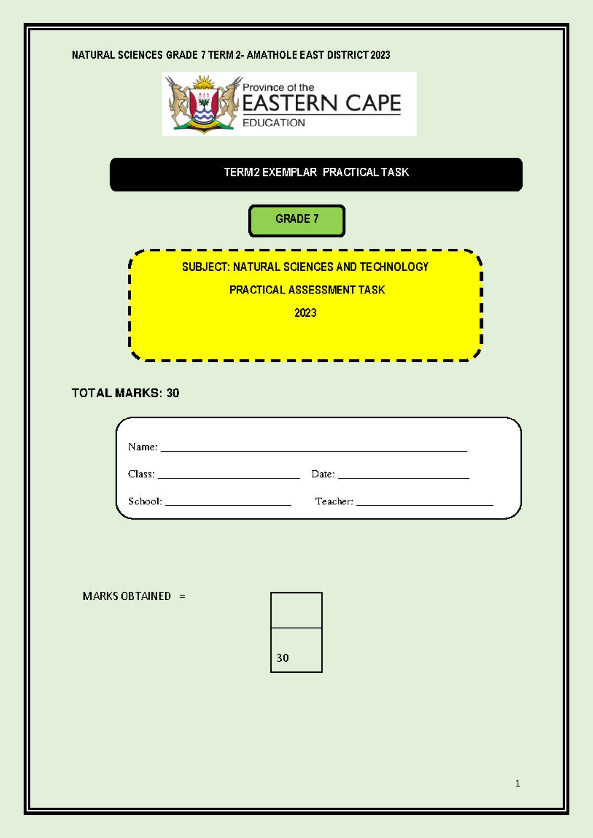 NATURAL SCIENCES GRADE 7 TERM 2 EXEMPLAR: SEPARATING MIXTURES TASK ...