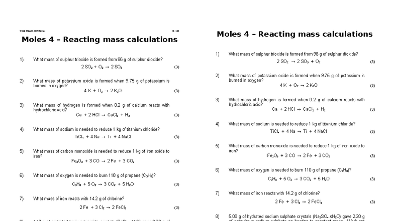 GCSE Moles 04 RWGrime Reacting Mass Calculations Guide - Studocu