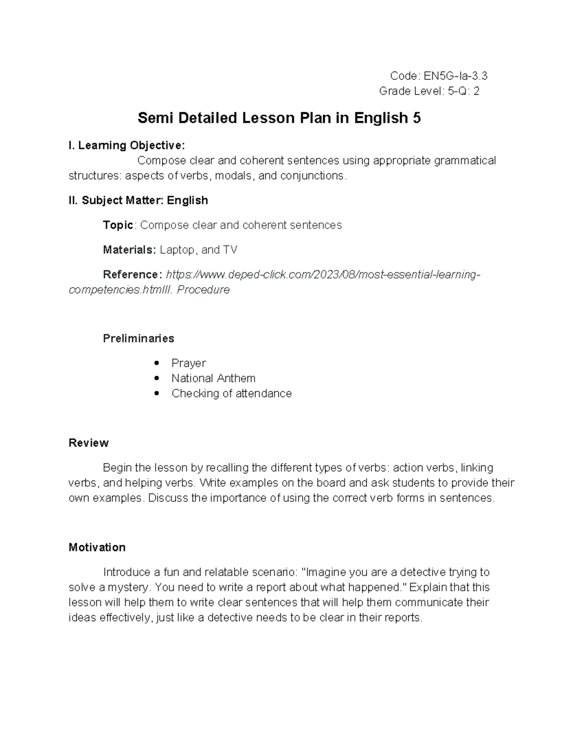 EN5G-Ia-3 Lesson Plan: Composing Clear Sentences for Grade 5 - Studocu