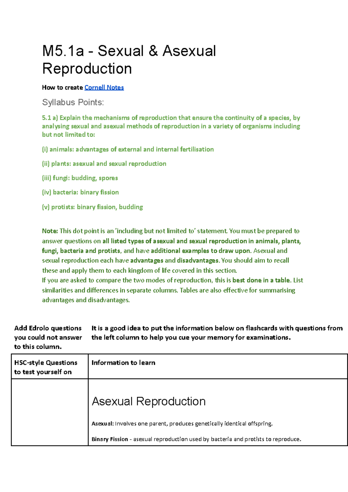 Yr 12 - M5.1a Sexual & Asexual Reproduction: Cornell Notes Guide - Studocu