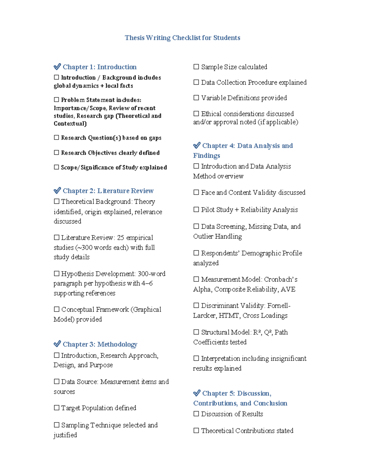 Thesis Writing Checklist for Students: Comprehensive Guide - Studocu