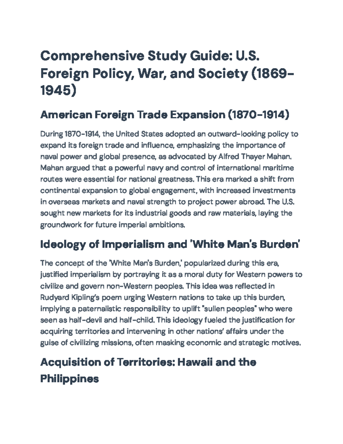 Comprehensive Study Guide: U.S. History, Foreign Policy & War (1869 ...