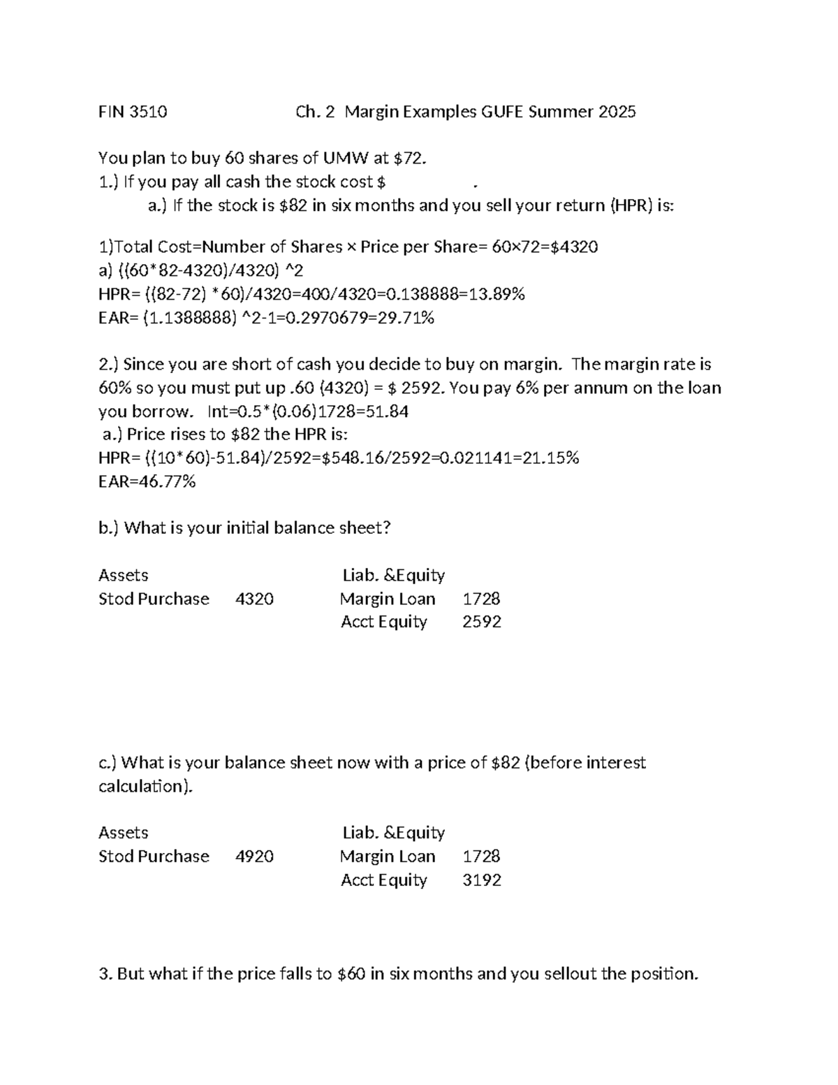 FIN 3510 Ch. 2 Margin Trading Examples - GUFE Summer 2025 - Studocu