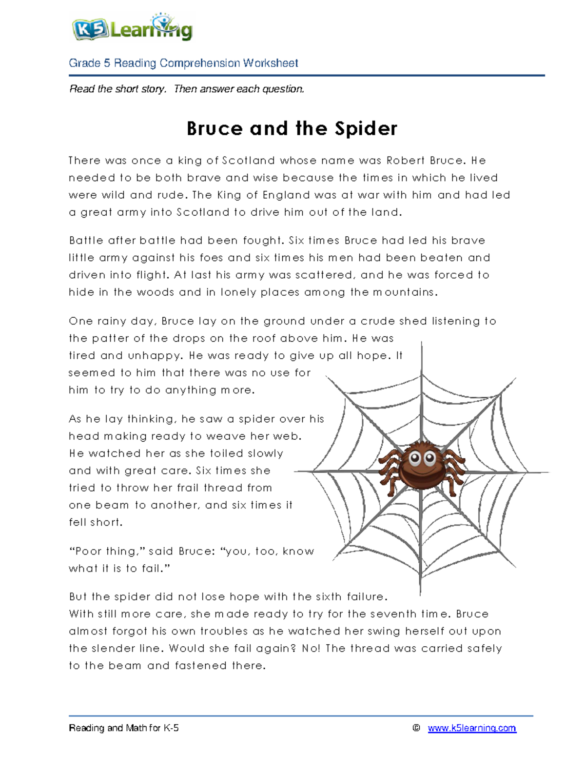 Grade 5 Reading Comprehension: Bruce and the Spider Worksheet - Studocu