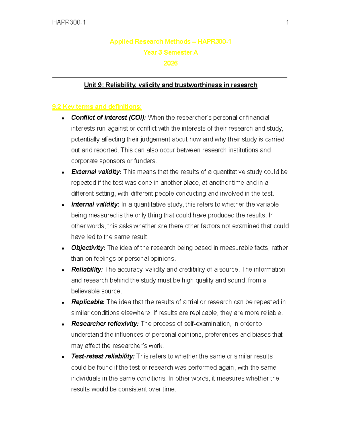 Applied Research Methods HAPR300-1: Reliability, Validity ...