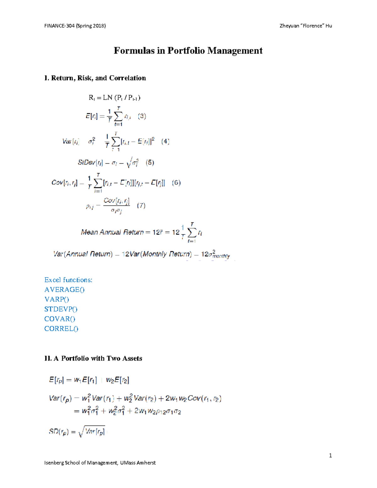 Formulas in Portfolio Management - Return, Risk, and Correlation Rt LN ...