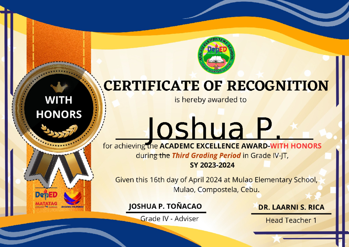 Elementary DeTED Certificate of Recognition: 3rd Quarter Honors - Studocu