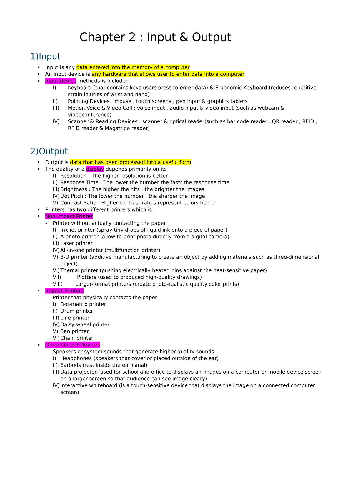 Chapter 2: Input and Output Devices in IT - tttttt - Studocu