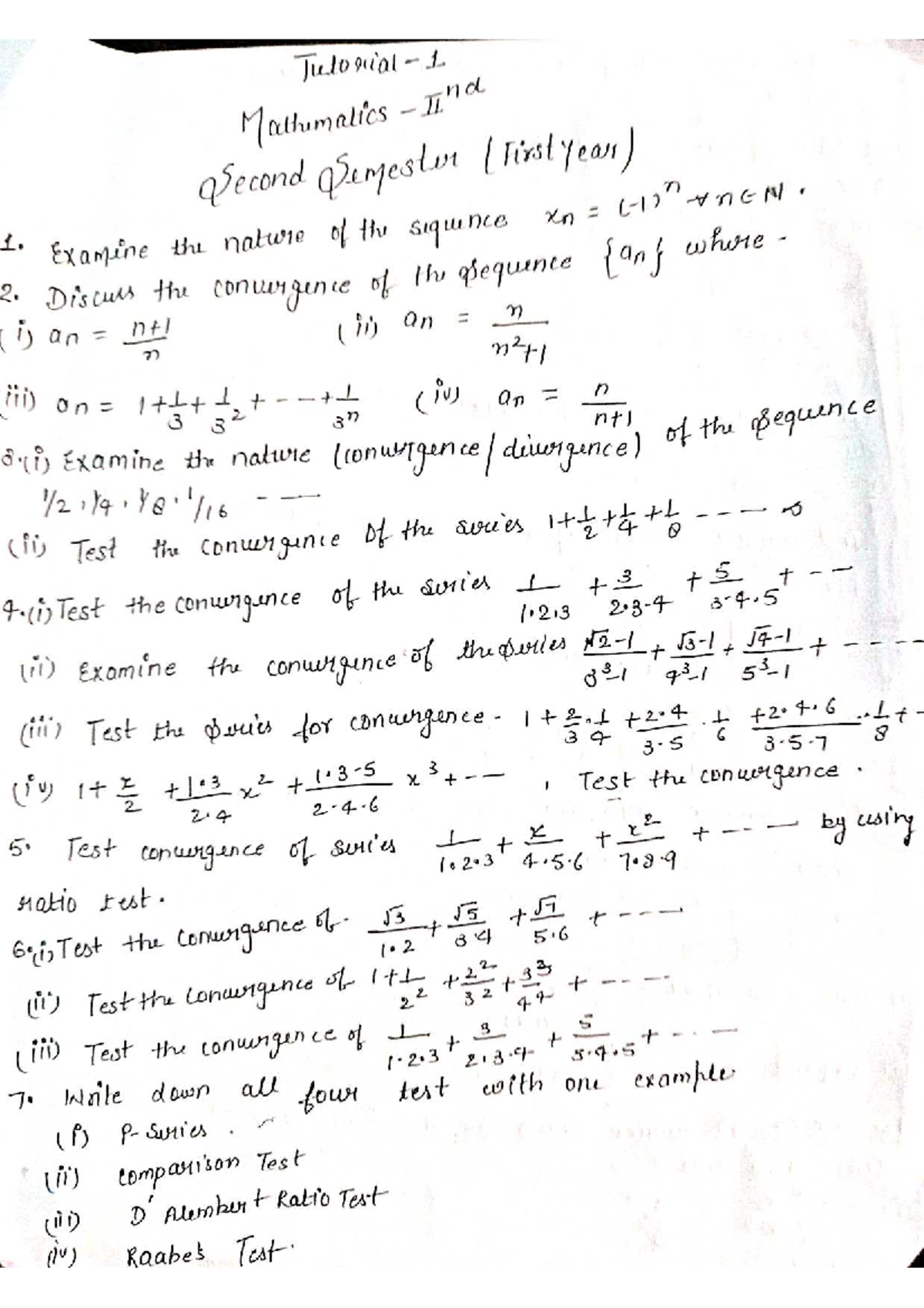 Mathematics-II TUT -1: Convergence Tests & Fourier Series for BTech 1st ...