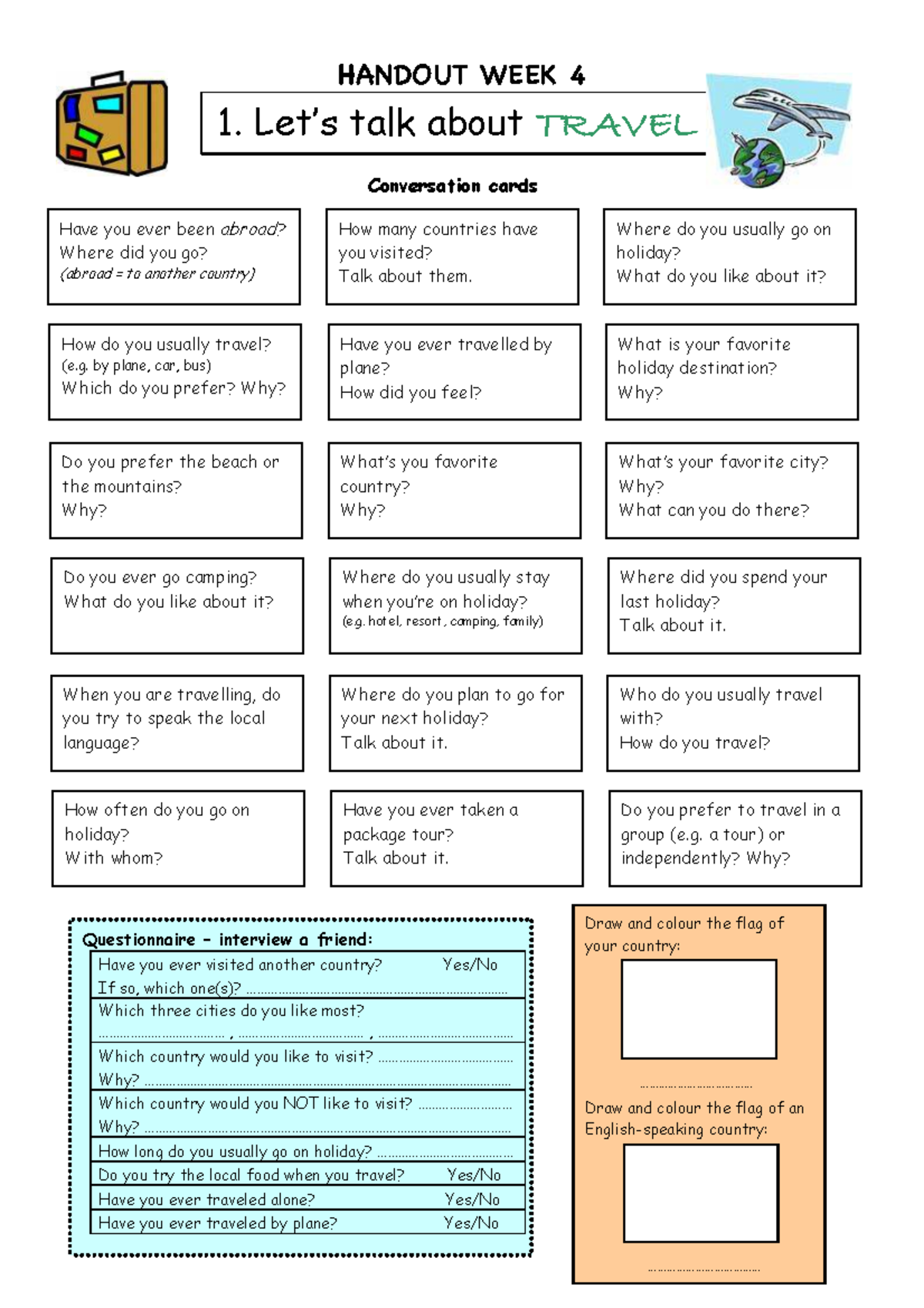 Travel Conversation Cards & Package Tour Insights - Week 4 Handout ...