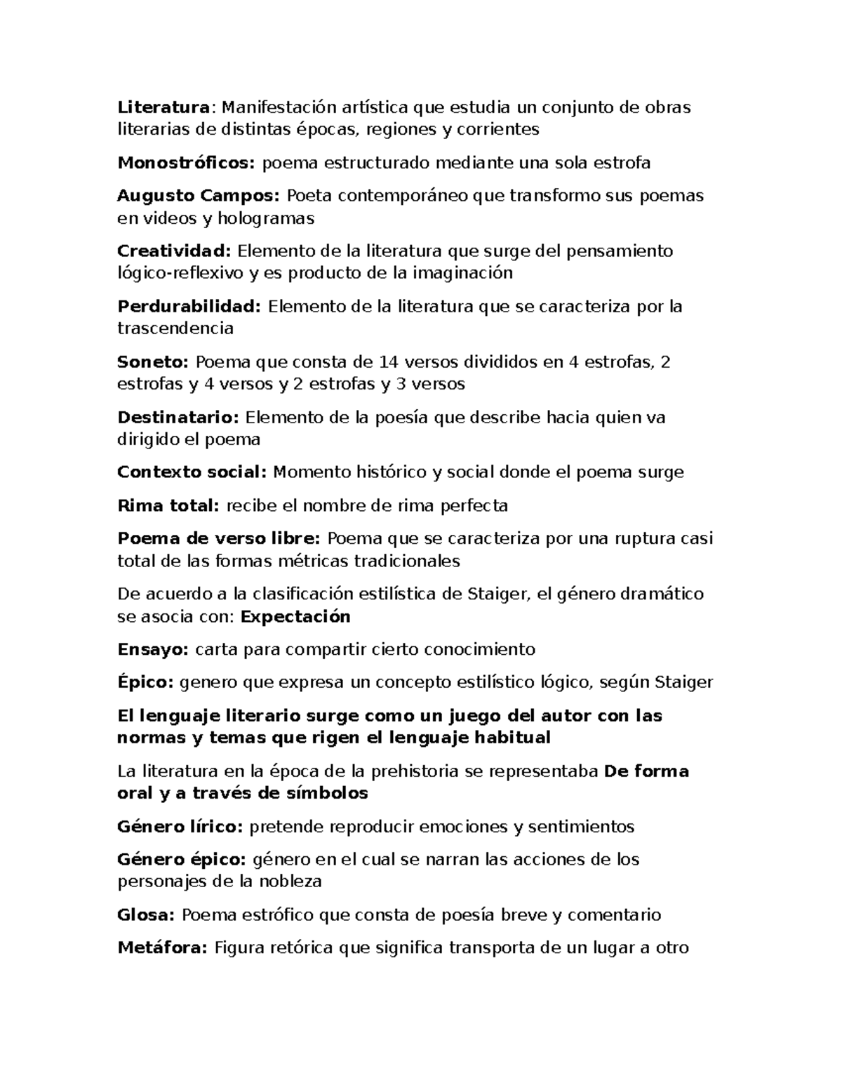 Literatura: Repaso de conceptos clave y elementos poéticos - Studocu
