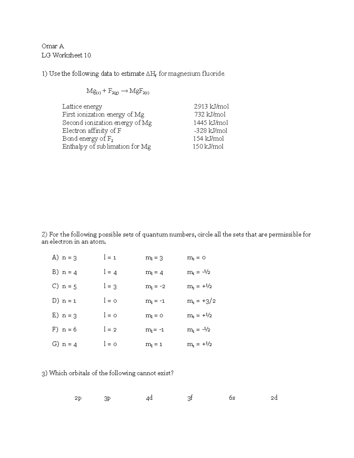 LG 10 Worksheet: Estimating ΔHf and Quantum Numbers Analysis - Studocu
