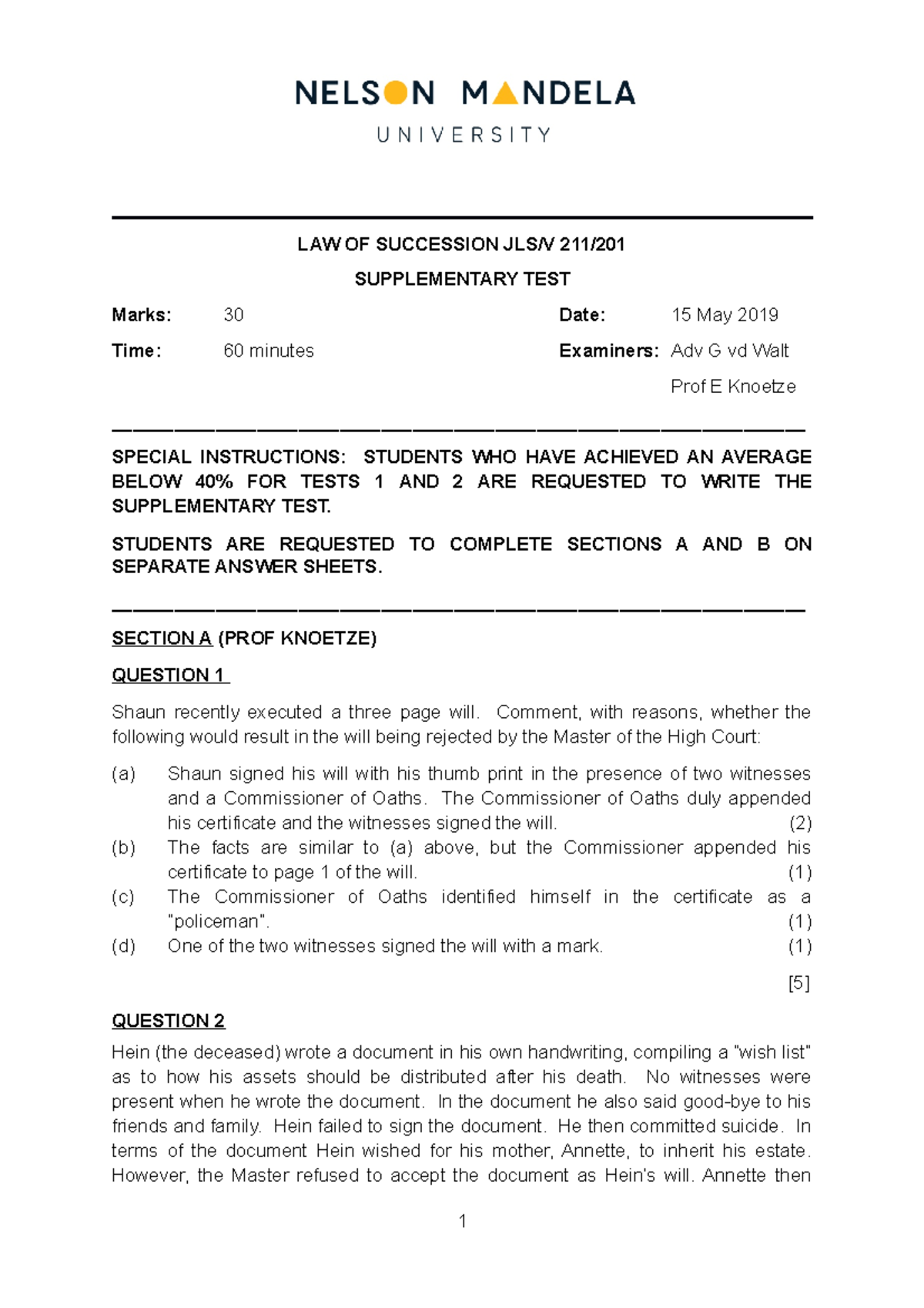 2019 JLSV Supplementary TEST - LAW OF SUCCESSION JLS/V 211 ...