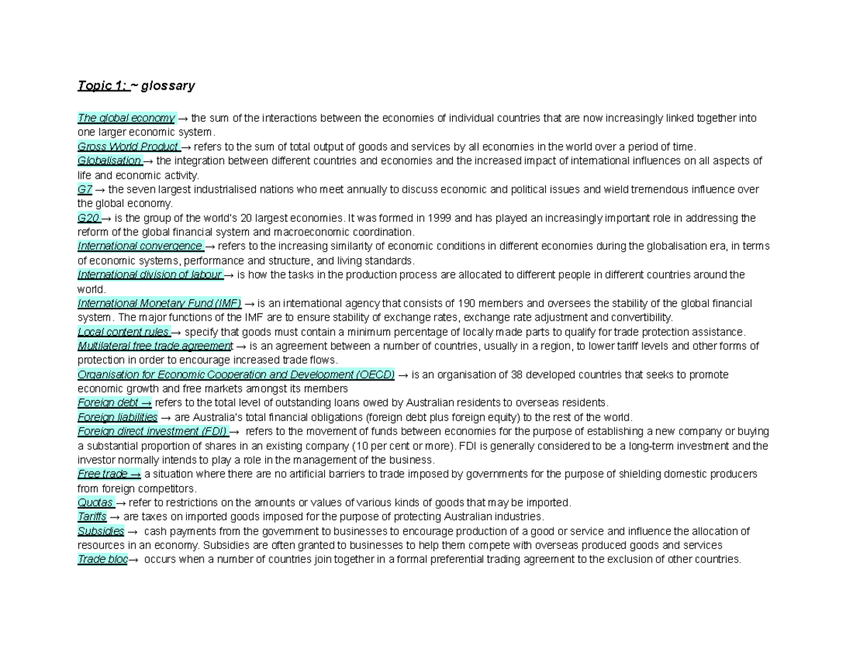 Eco Master - Glossary of Global Economy Terms - Studocu