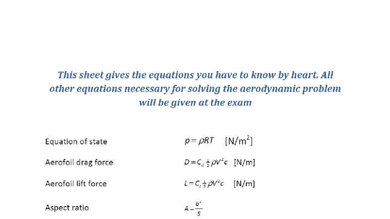 Aerodynamics Formulas Q1: Essential Equations for Exam - Studeersnel
