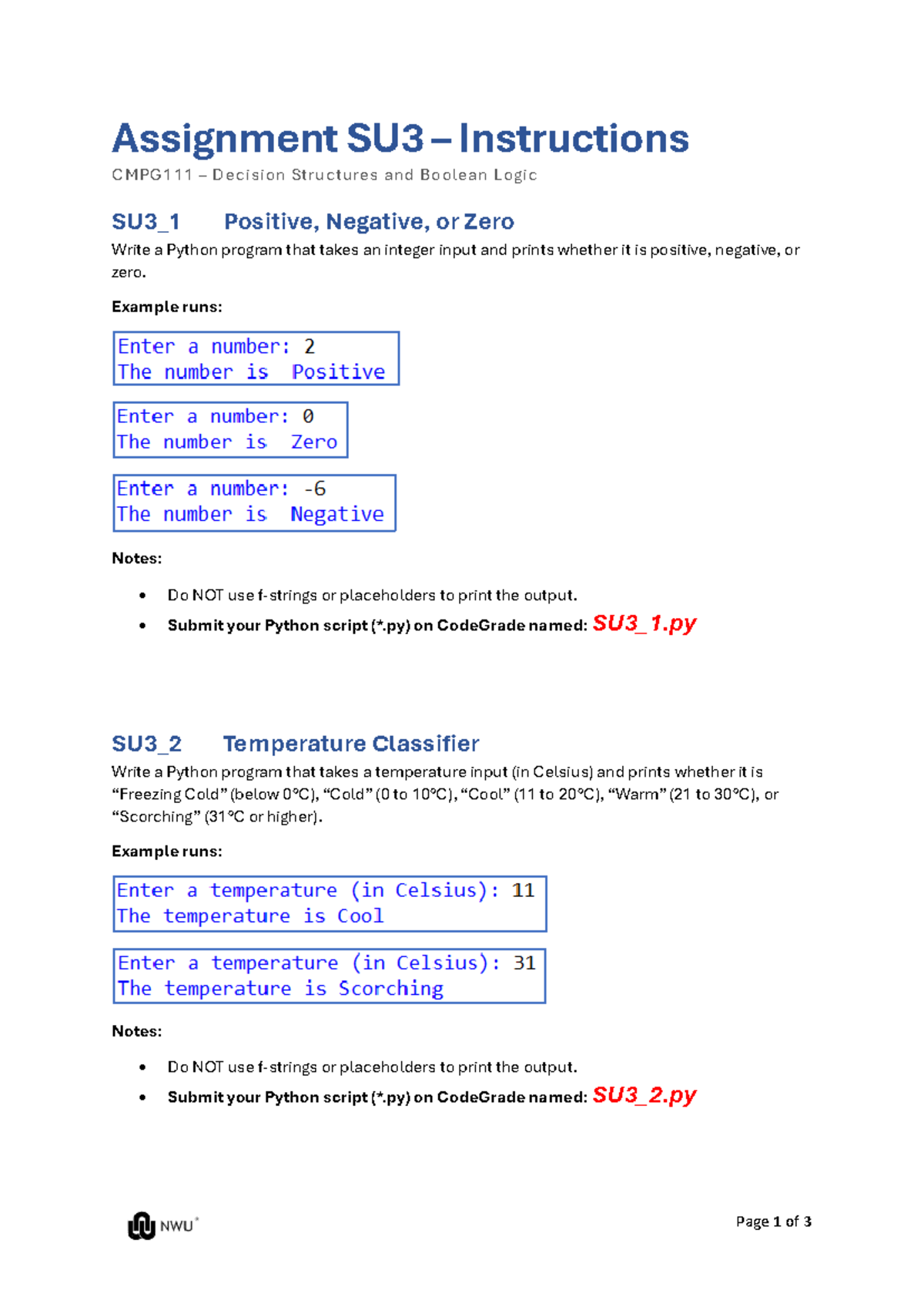 Assignment SU3: Decision Structures & Boolean Logic Python Programs ...