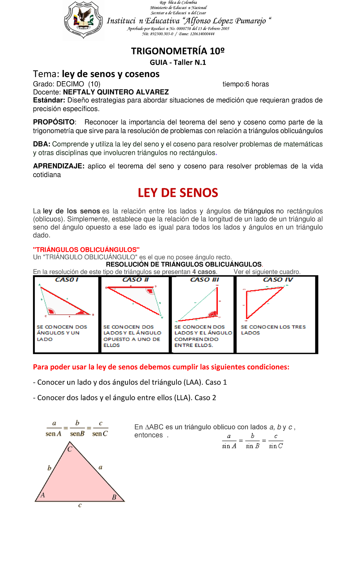 Guía de Ejercicios: Ley de Seno y Coseno - Trigonometría 10º - Studocu