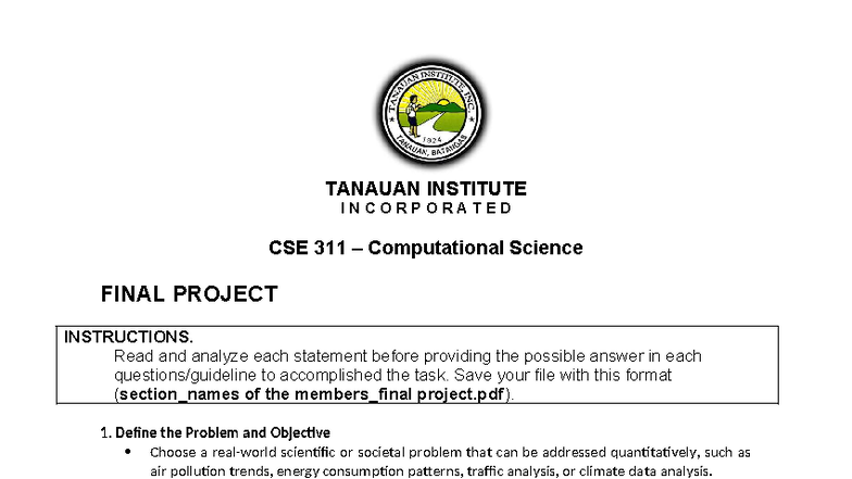 CSE 311 Computational Science Final Project Guidelines - Studocu
