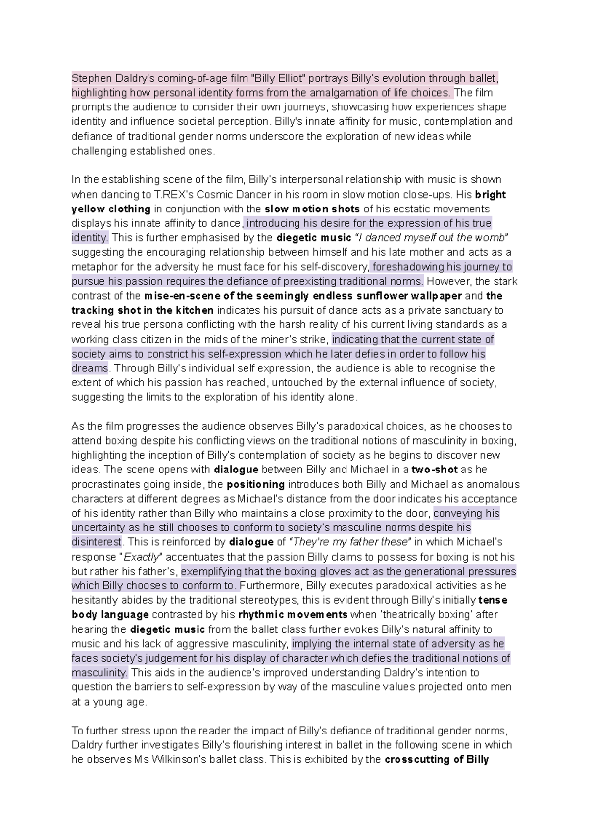 Billy Elliot Practice Essay Analysis: Identity and Gender Norms - Studocu