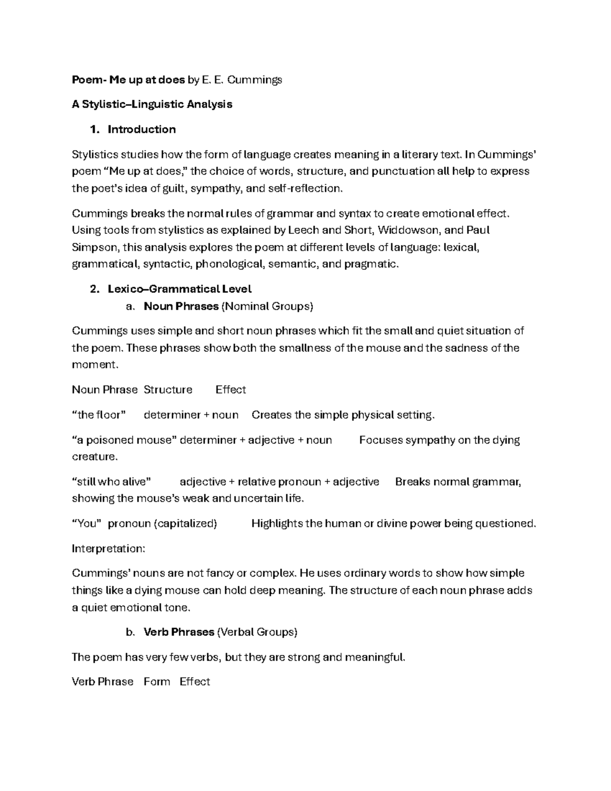 Analysis of "up at does" by E. E. Cummings - Stylistics Study - Studocu