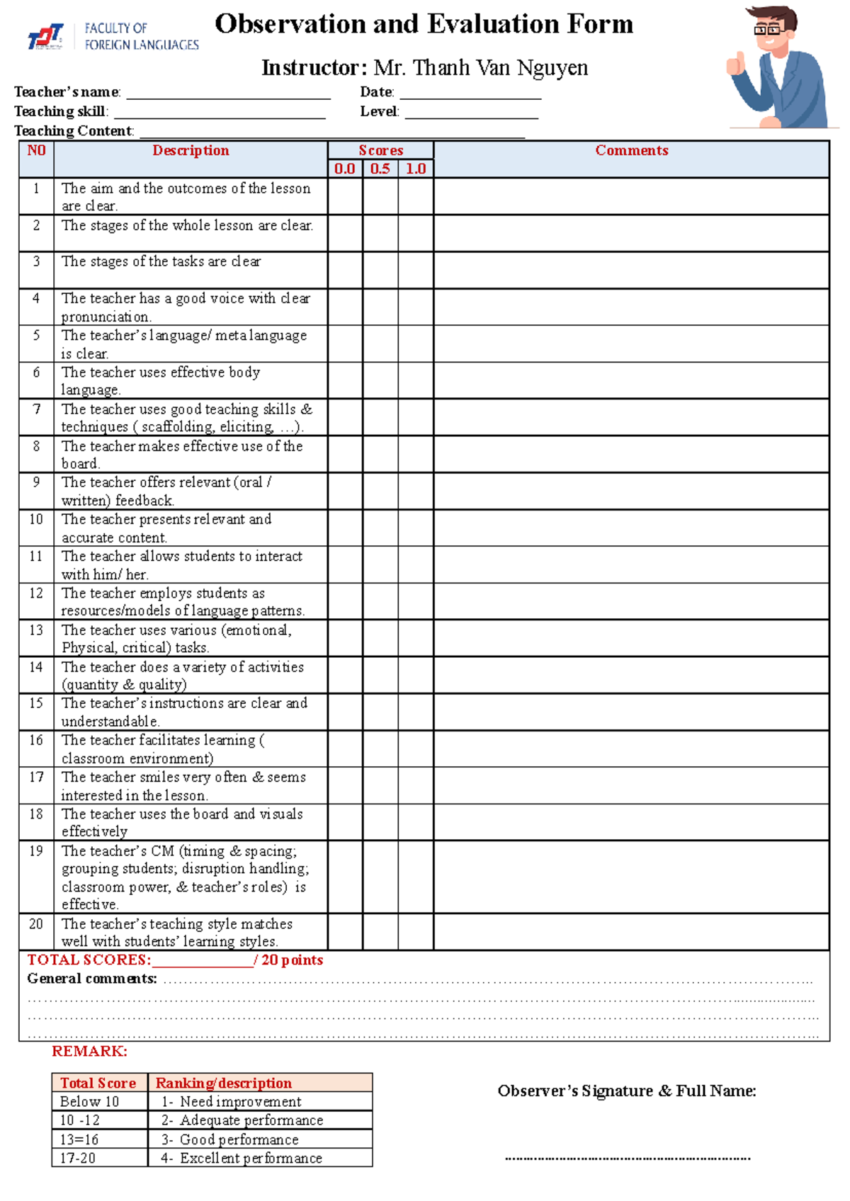 PET Observation and Evaluation Form - Teacher Assessment Tool - Studocu