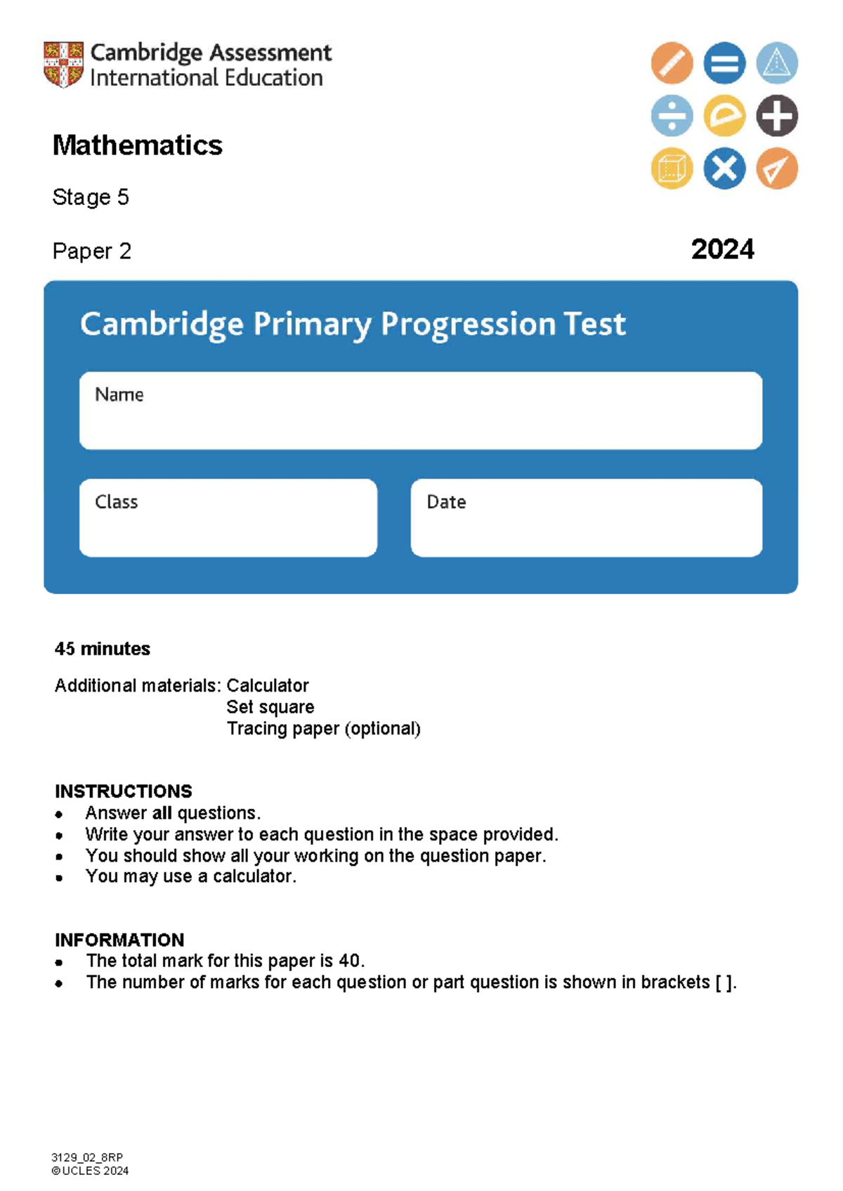 Mathematics Stage 5 (3129-02) Paper 2 Exam 2024 - 45 Minutes - Studocu