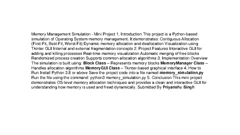 Memory Management Simulation Mini Project: OS Memory Techniques - Studocu