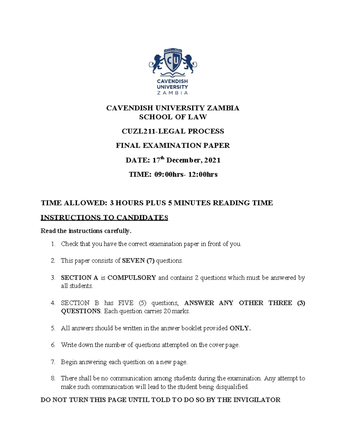 CUZL211-FINAL EXAMINATION PAPER: LEGAL PROCESS Exam Questions - Studocu