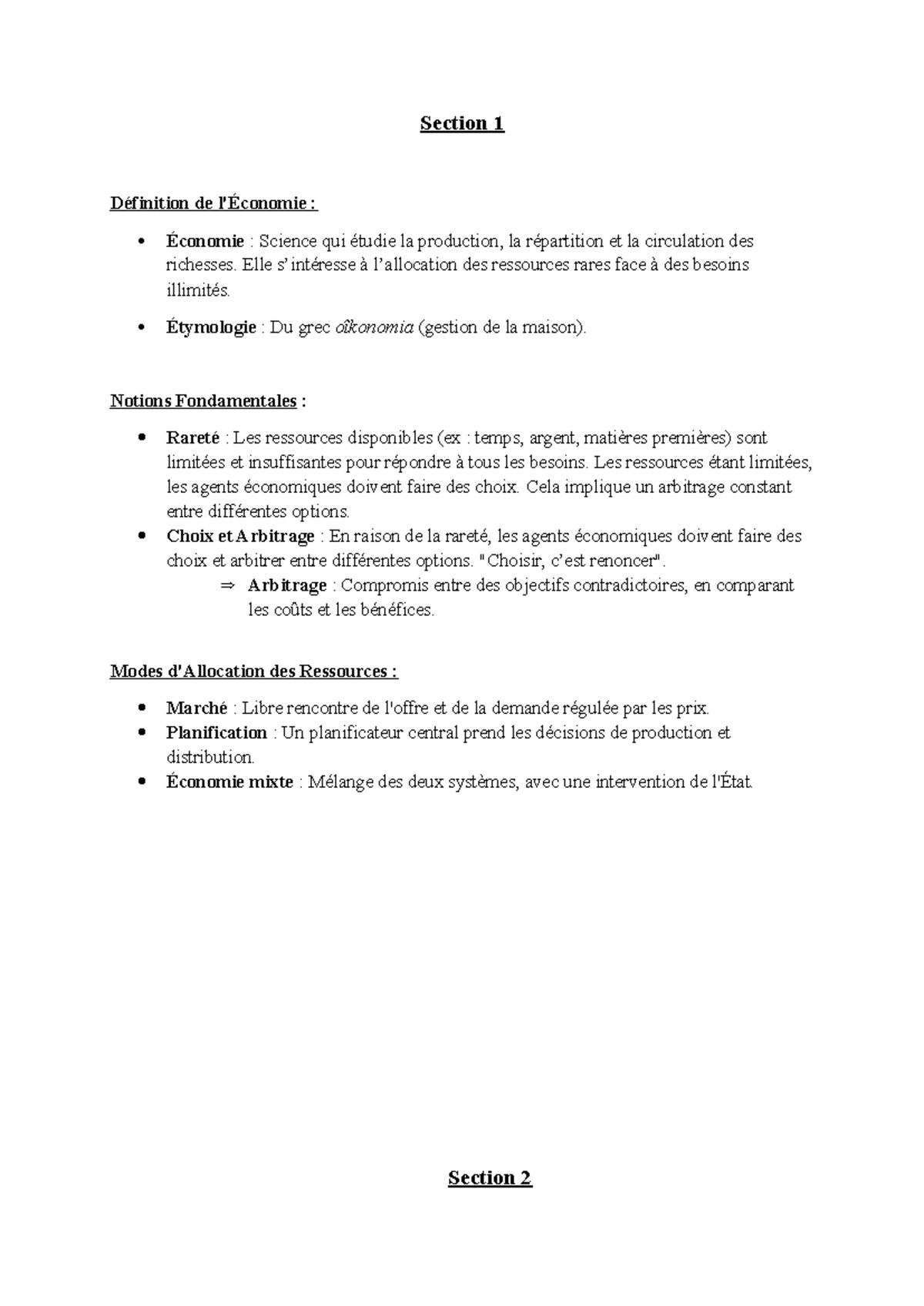 Fiches du cours - Section 1 Définition de l'Économie : Économie ...
