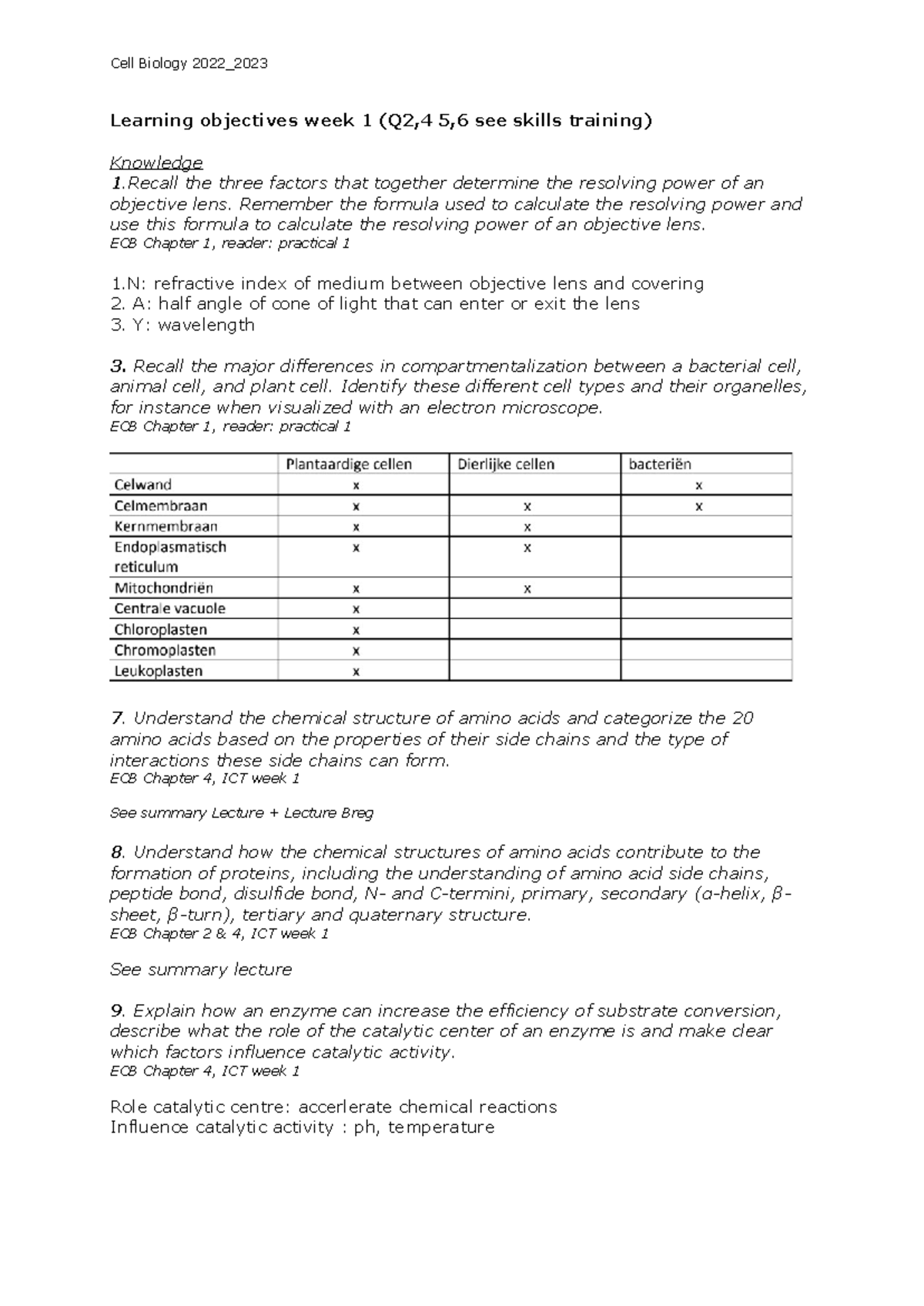 Learning Objectives for Cell Biology (ECB) - Weeks 1 to 6 - Studeersnel