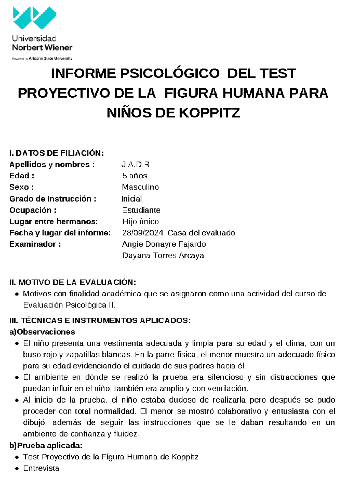 Informe Psicológico del Test Proyectivo de la Figura Humana - Koppitz ...