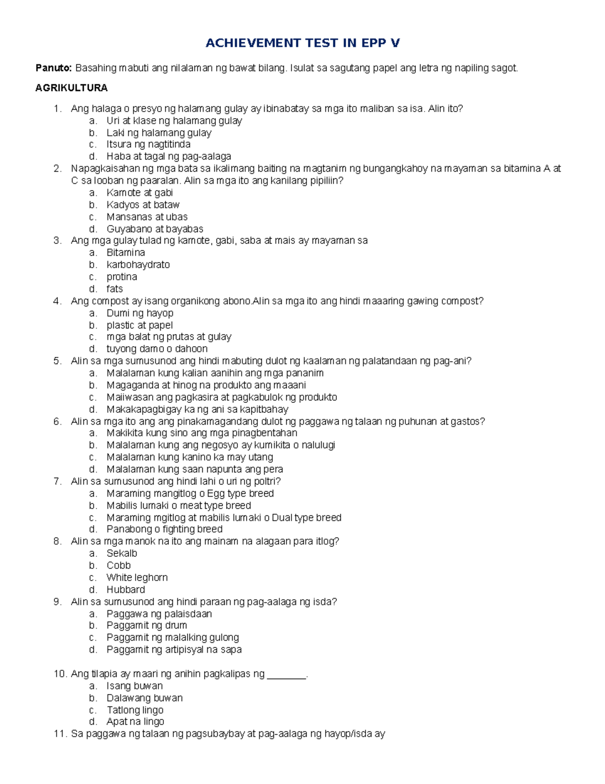 Pre-Test EPP 5 - Achievement Test Sample Questions and Answers - Studocu