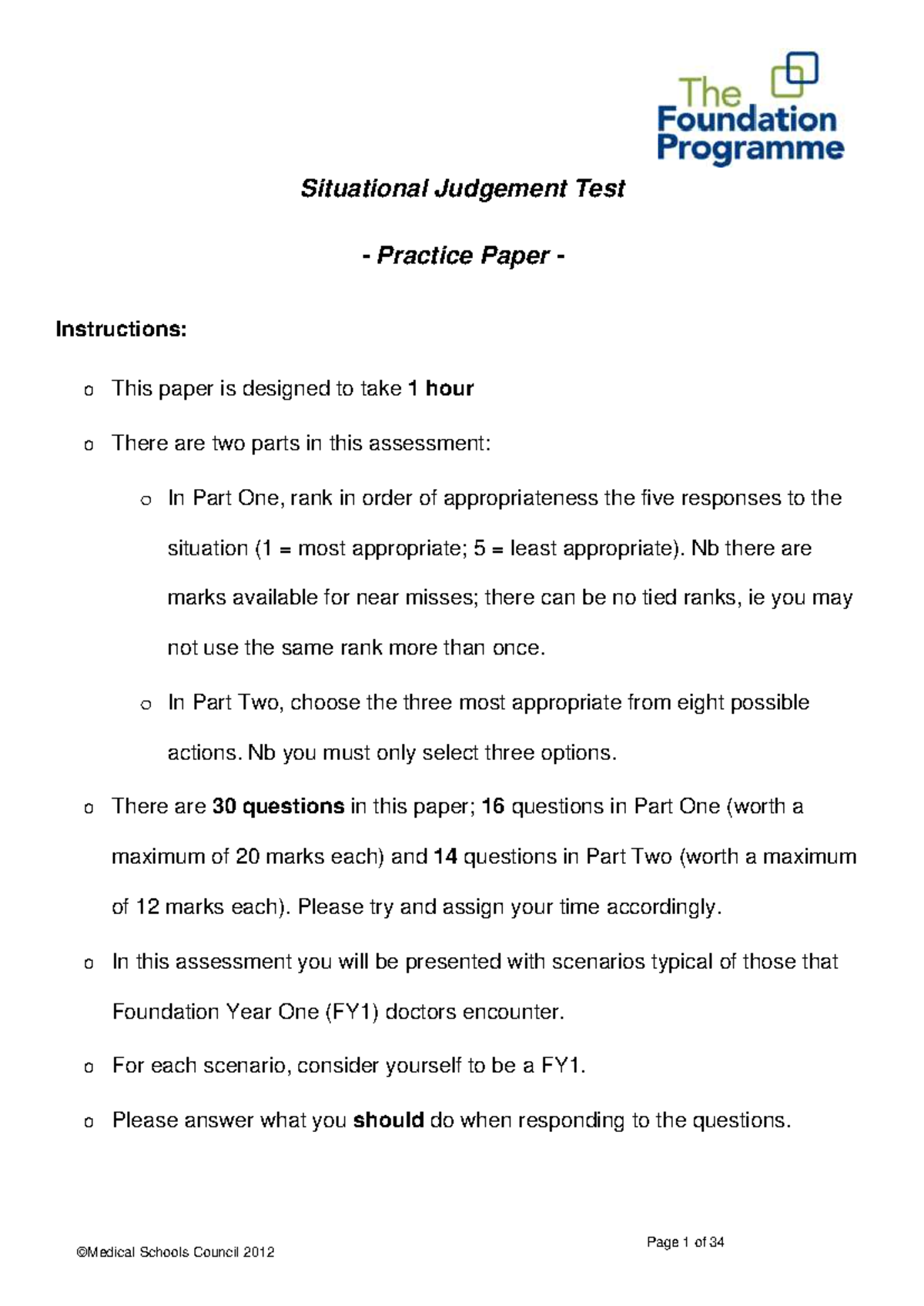 Situational Judgement Test Practice Paper for FY1 Doctors - Studocu