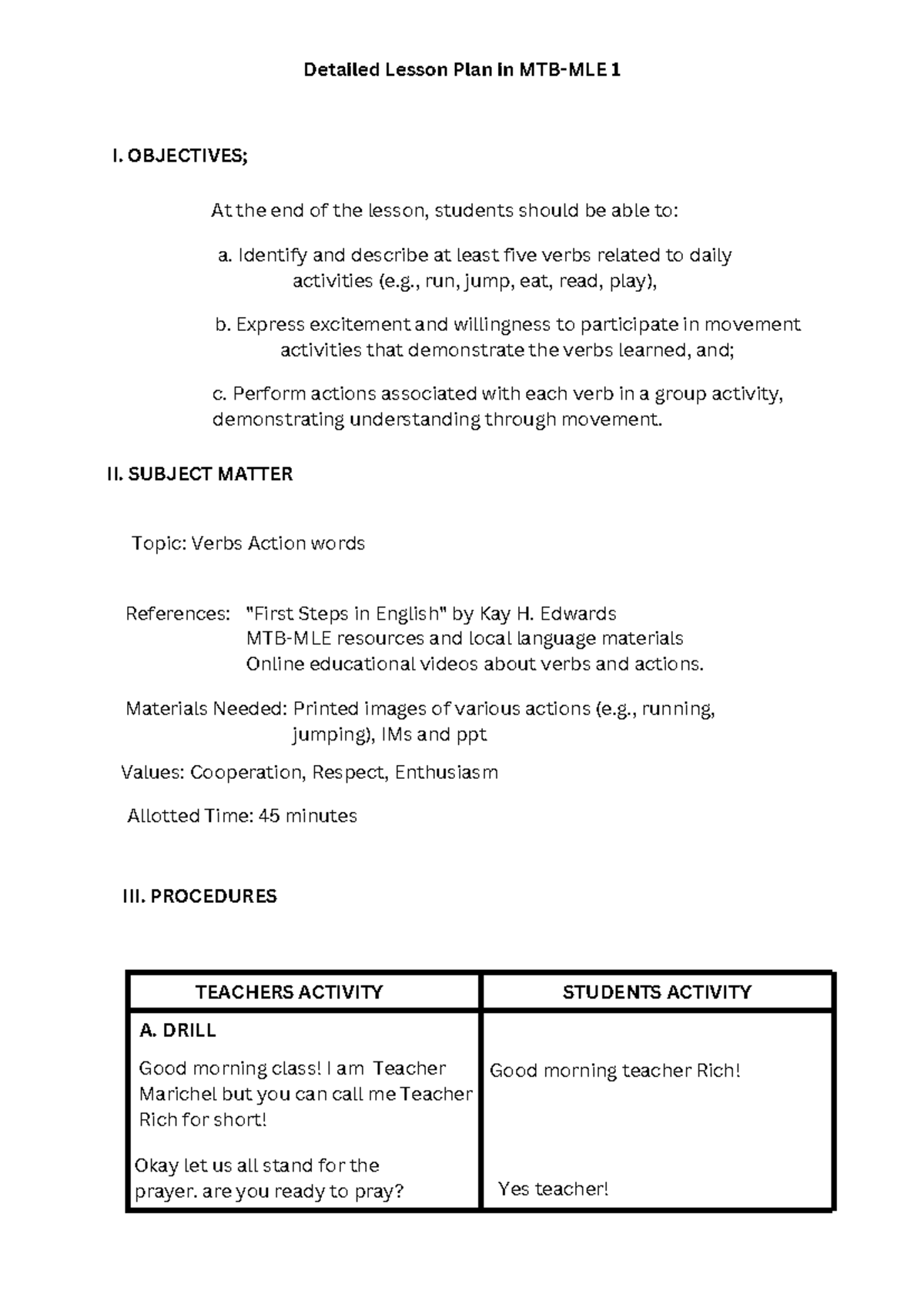Detailed Lesson Plan on Verbs (ENG 101) - Studocu